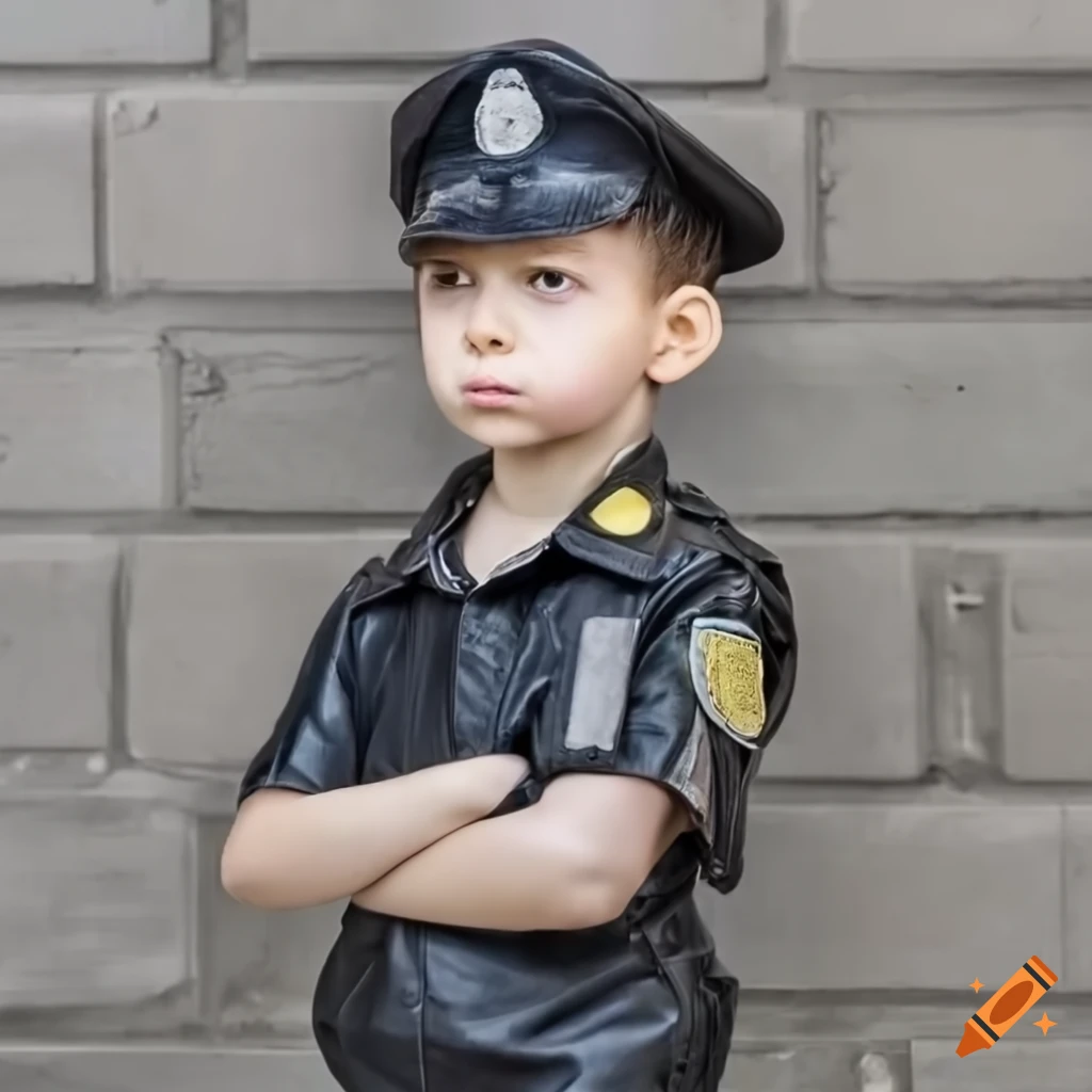 Photo realistic depiction of a young boy in a security guard uniform