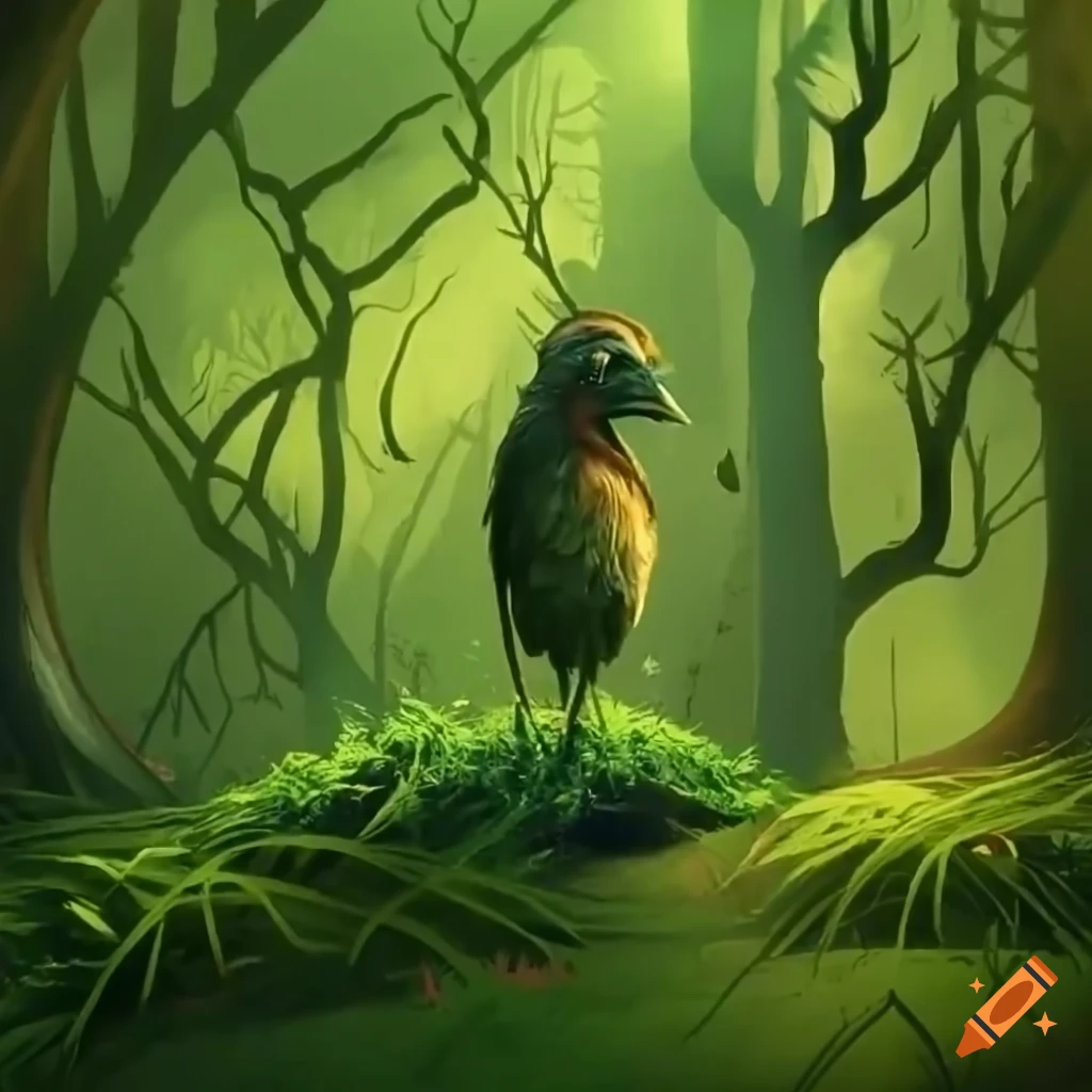 Cinematic artwork of a wounded bird in a hidden clearing on Craiyon