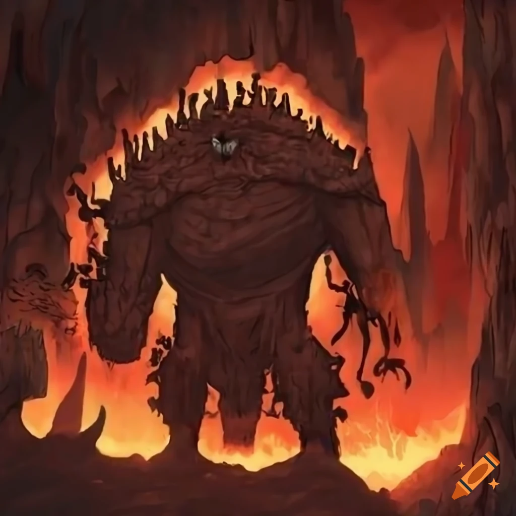 Digital artwork of a chained hellfire golem in a fiery domain