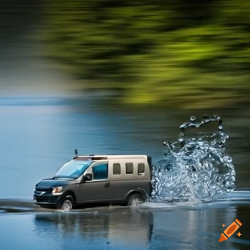 Mini van driving into water on Craiyon