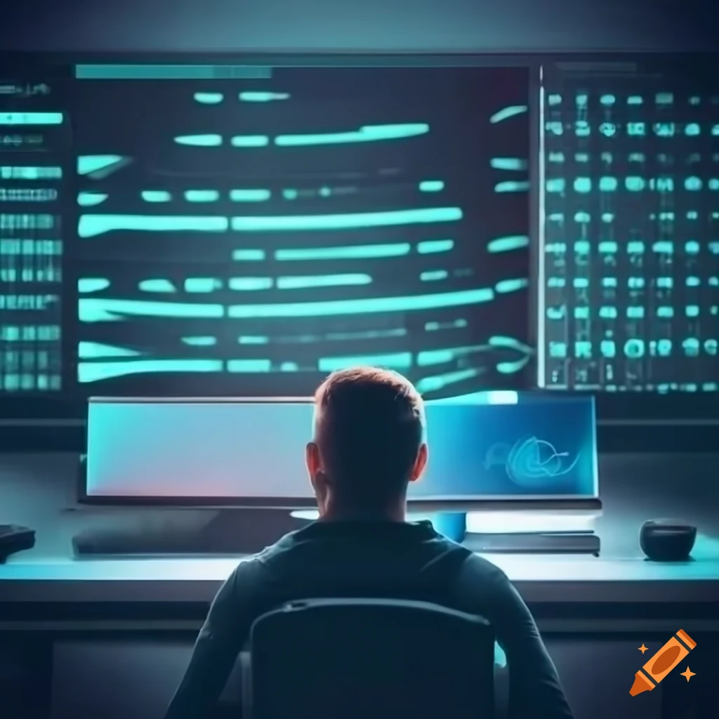 Programmer working on coding in a dimly lit room