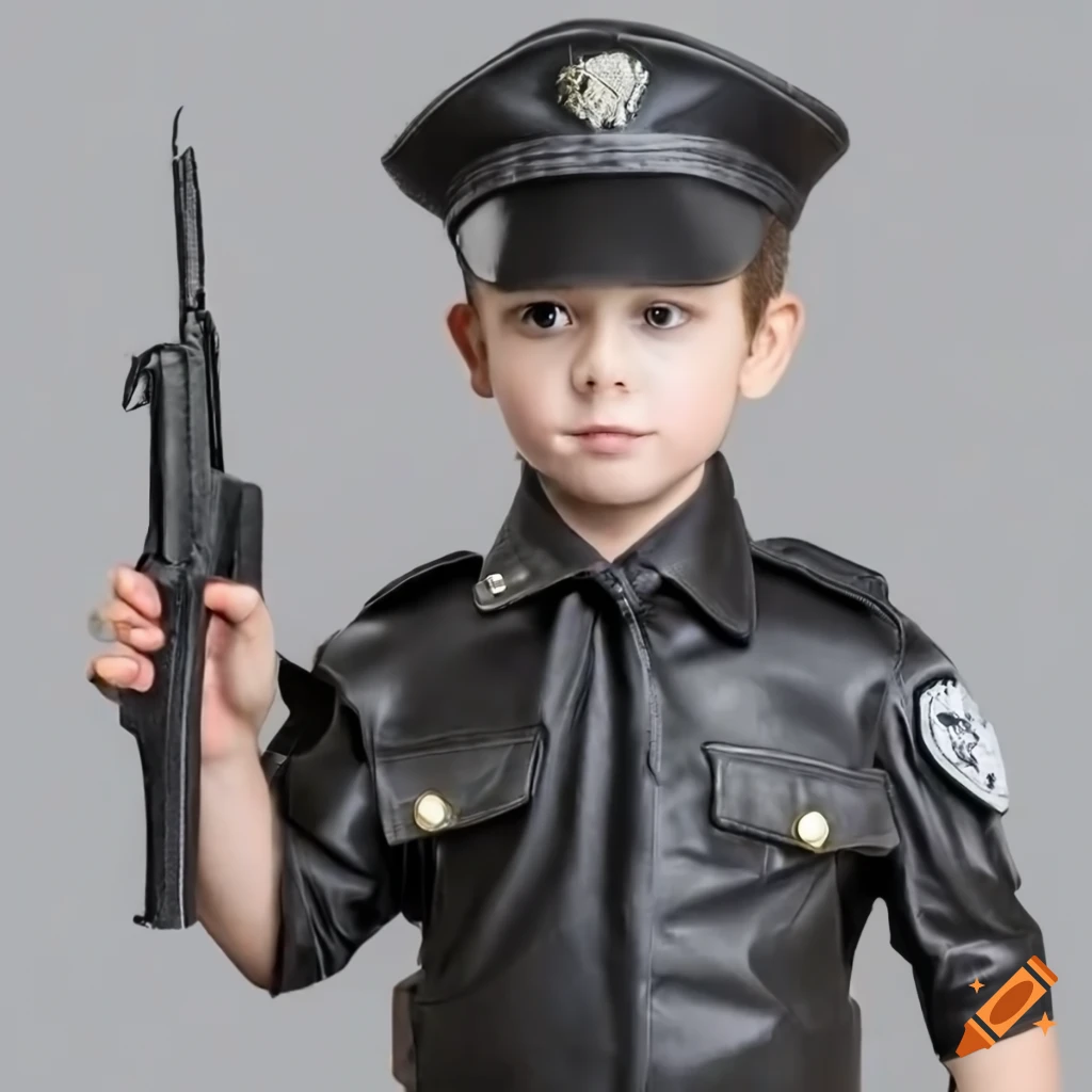 Photo realistic portrayal of a young boy in a security guard uniform