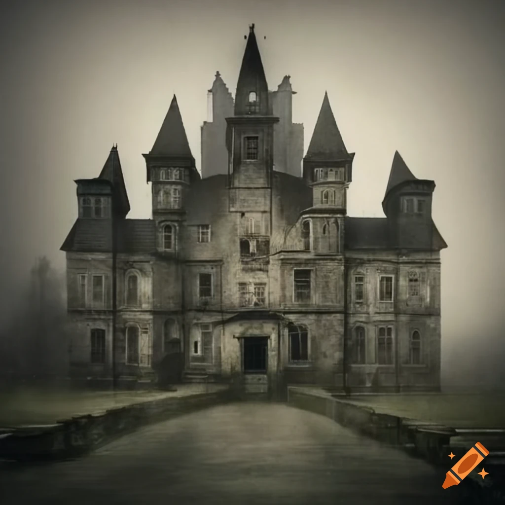 Vintage horror asylum with fog and rain on Craiyon