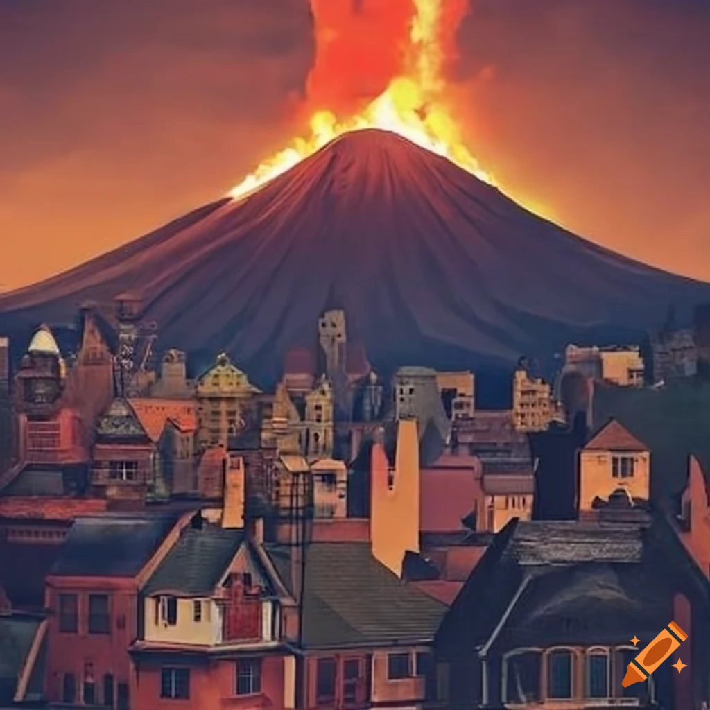 Victorian city on the side of a volcano
