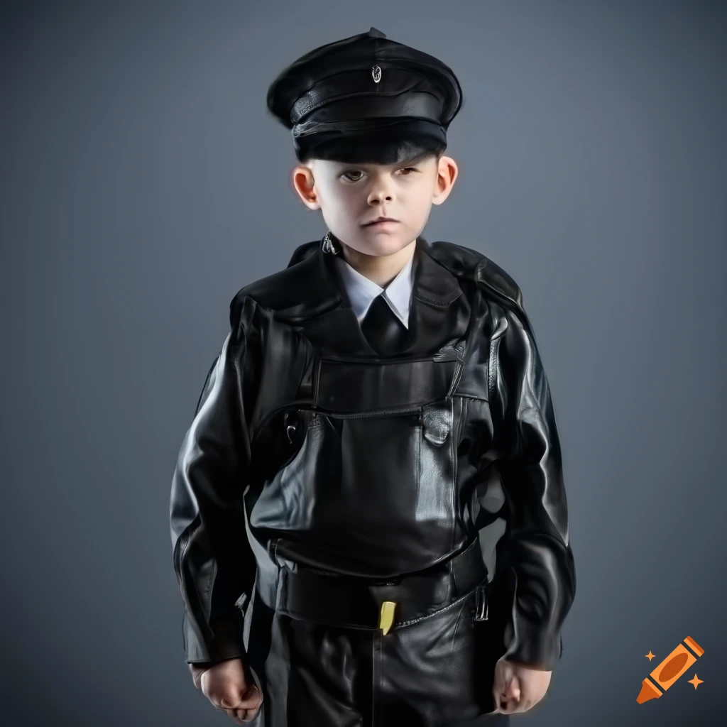 Close-up of a muscular young boy in a leather security guard uniform on ...