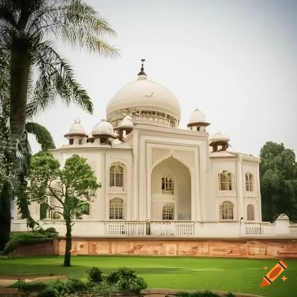 Frontal view of mahal white house in mediterranean architectural style on Craiyon