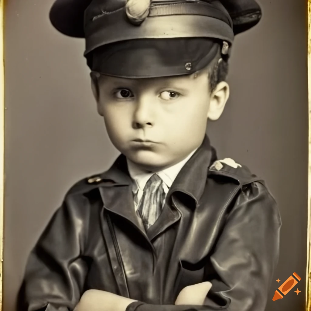 Vintage photograph of a young boy in a security guard uniform on Craiyon