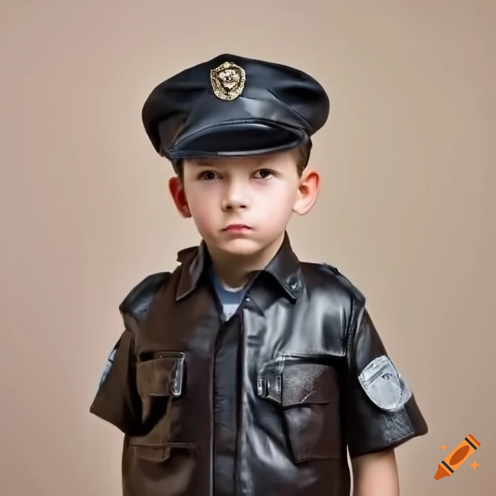 Photo-realistic image of a young boy in a security guard uniform