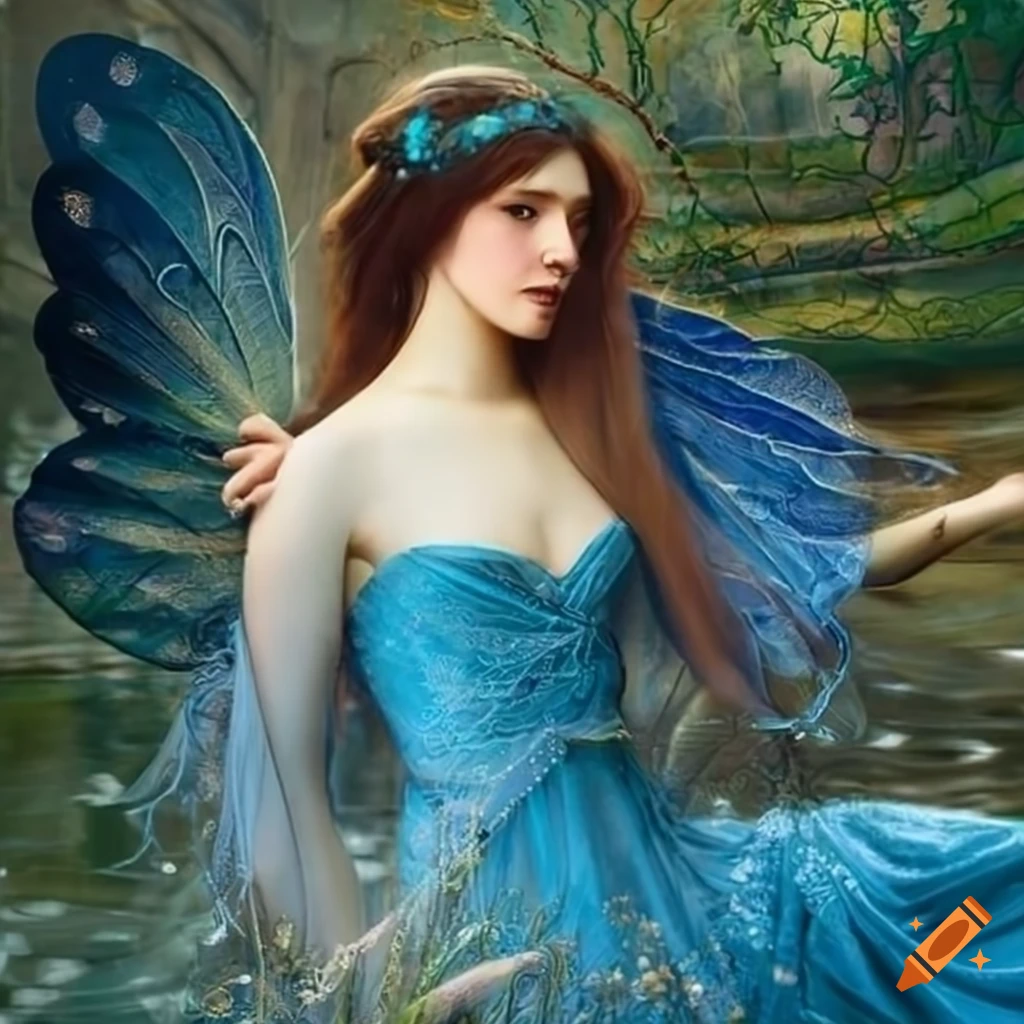 Ethereal fairy with dragonfly wings in a vintage blue gown on Craiyon