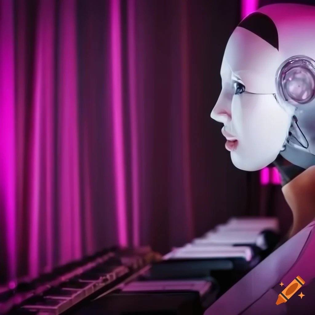 Close-up of a female robot keyboardist on stage