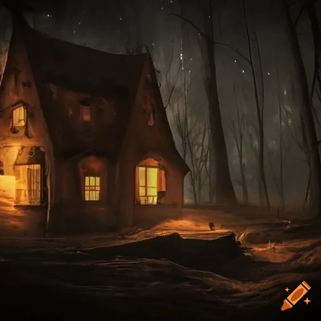 Wooden house in a moonlit forest illuminated by candles on Craiyon