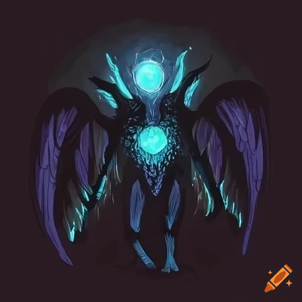 Artwork of a mysterious winged creature with blue glowing eyes holding ...