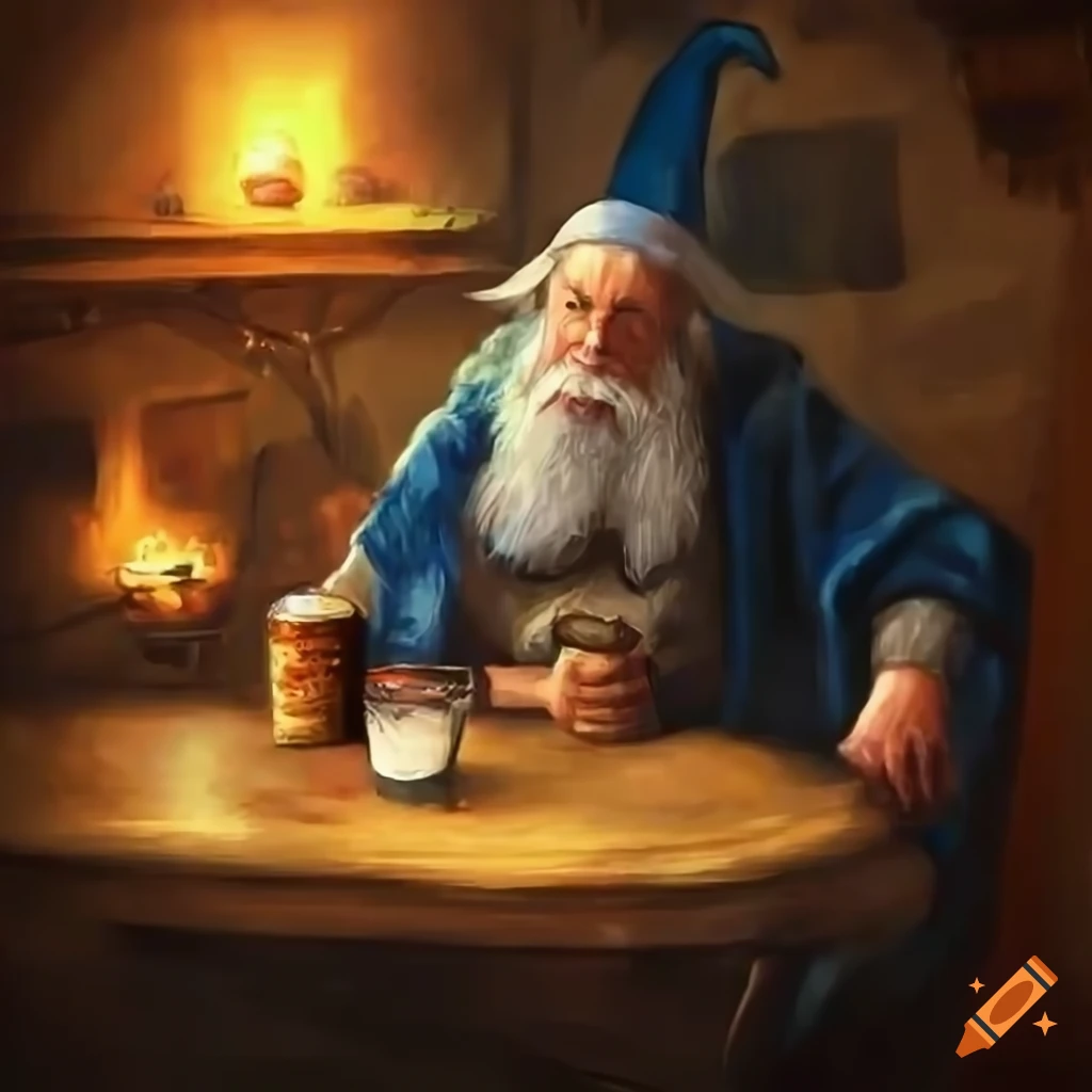 Painting of a cozy medieval tavern with a wizard at the bar on Craiyon