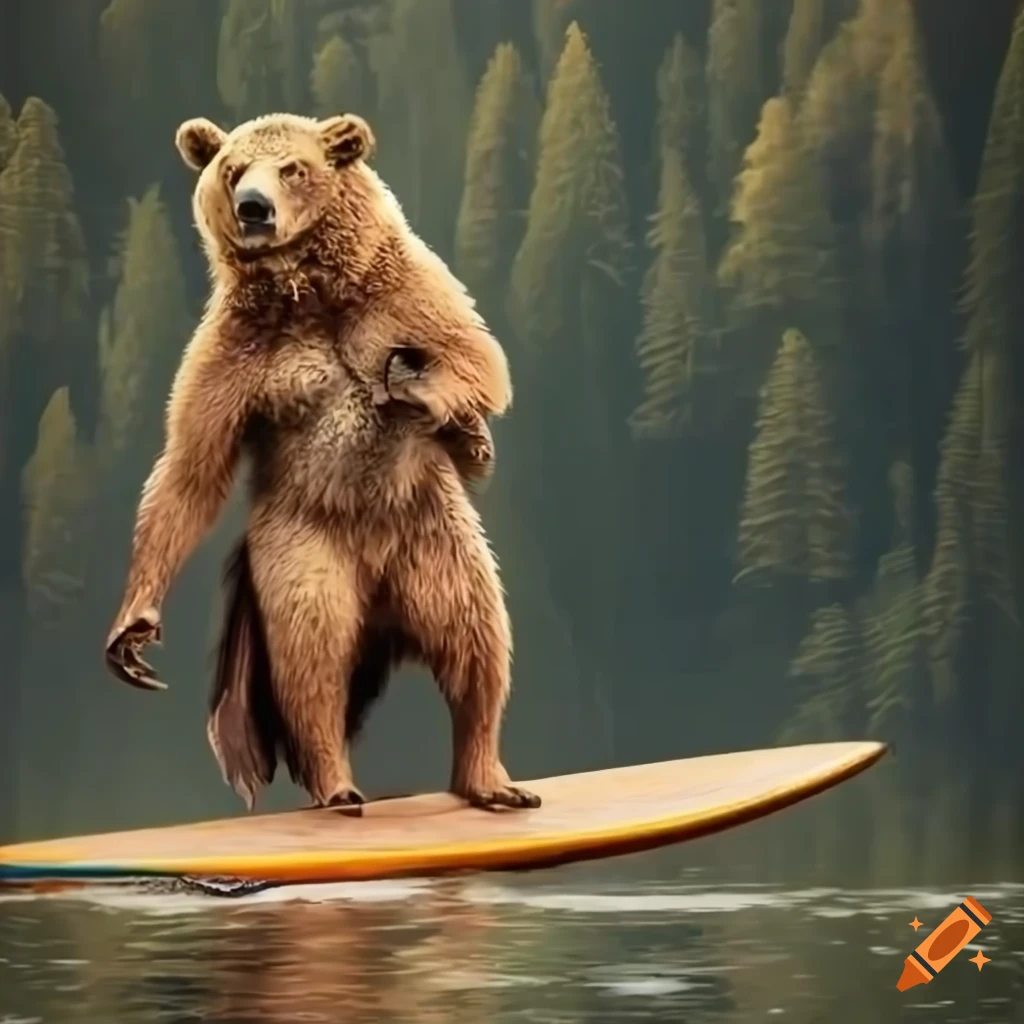 Realistic depiction of a bear surfing with a Roman helmet on Craiyon