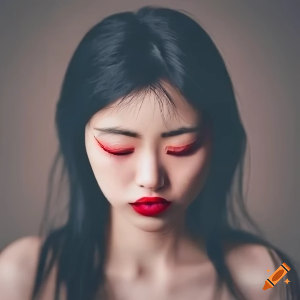 Portrait of a young japanese woman with red lips on Craiyon