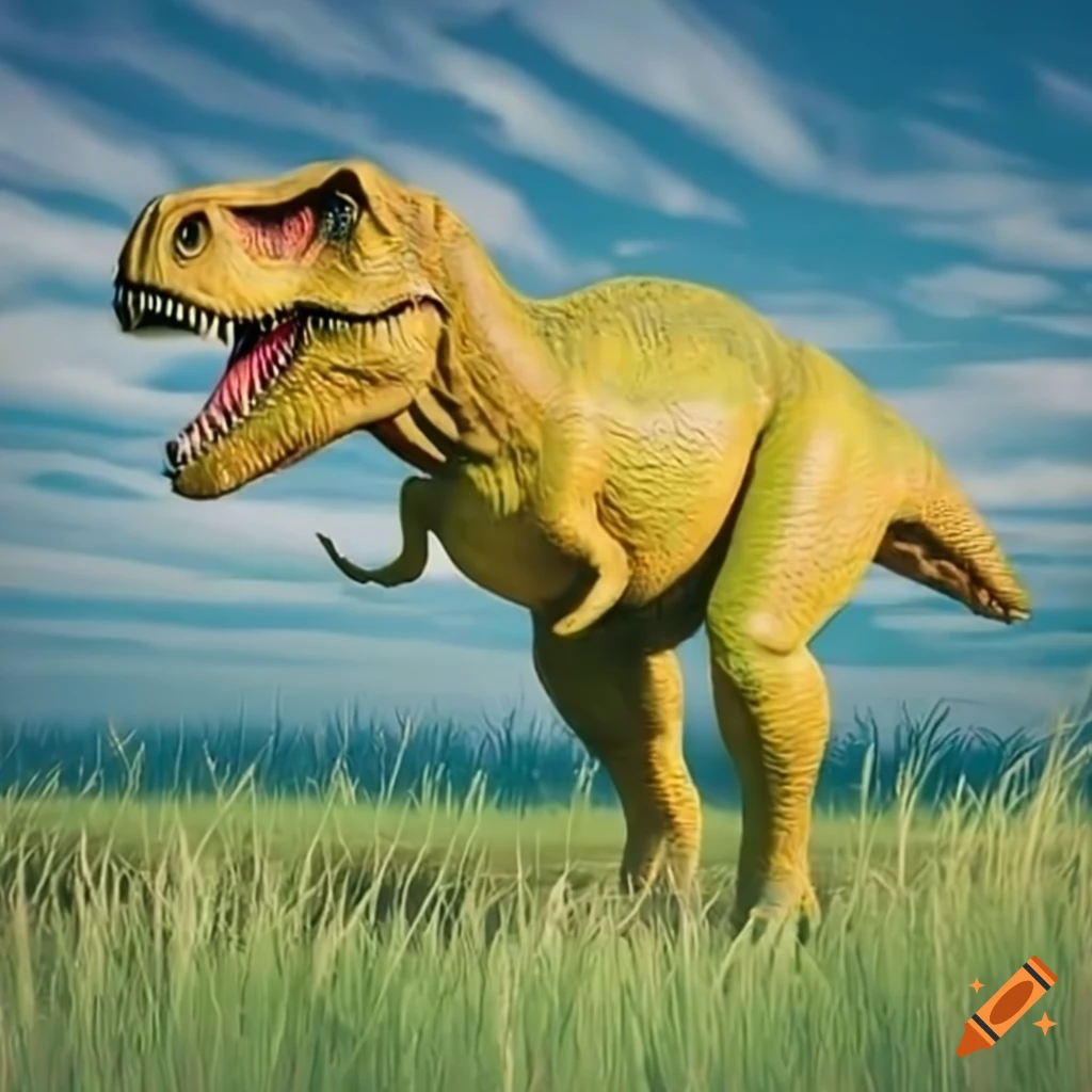 Yellow tyrannosaurus in tall grass on Craiyon