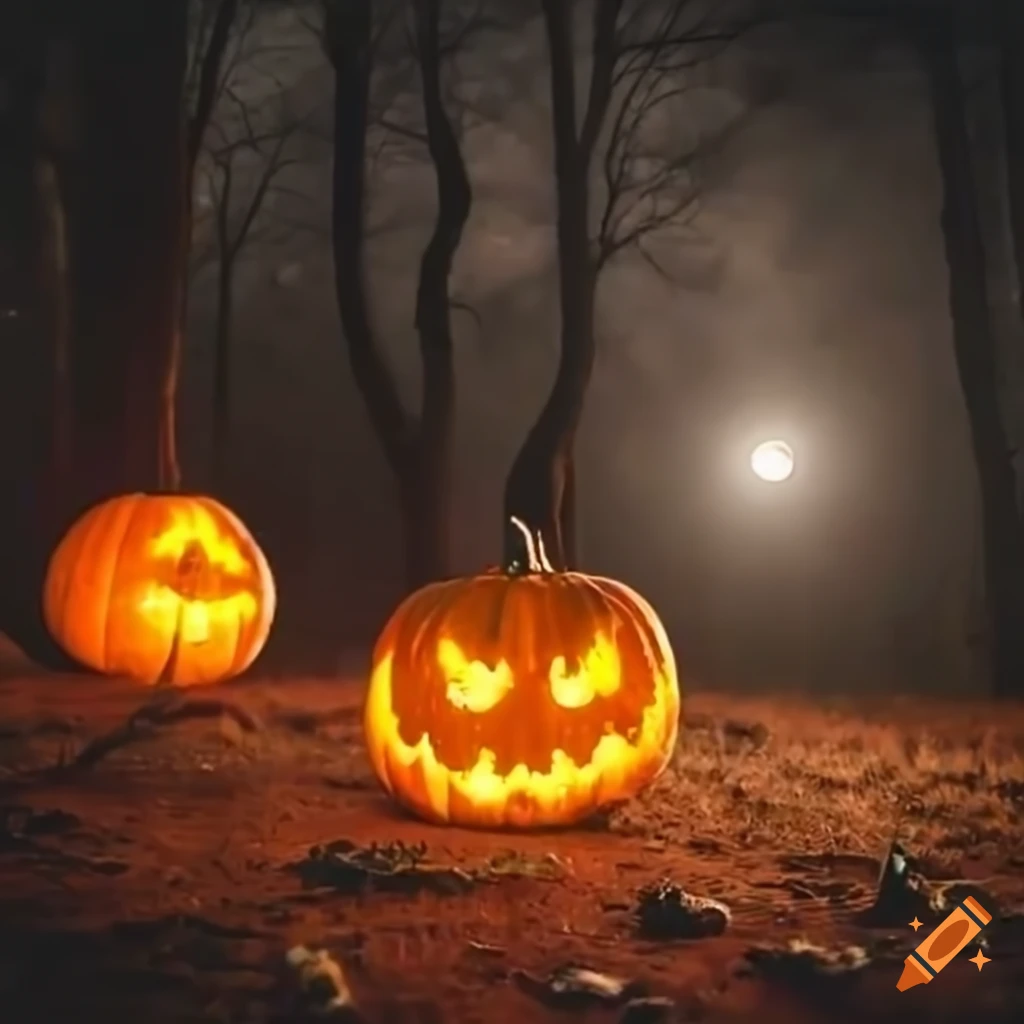 Night scene with glowing pumpkins in a mysterious forest on Craiyon