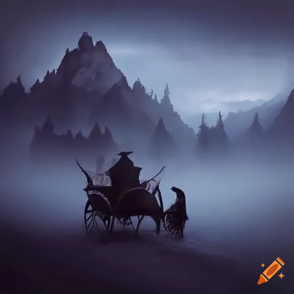 Image of a vampire driving a spooky carriage in foggy mountains on Craiyon