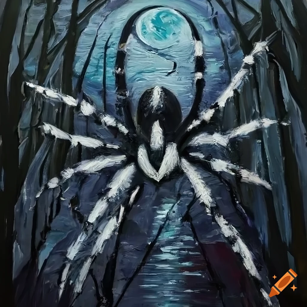 Painting of a black and white spider emerging from the forest on Craiyon