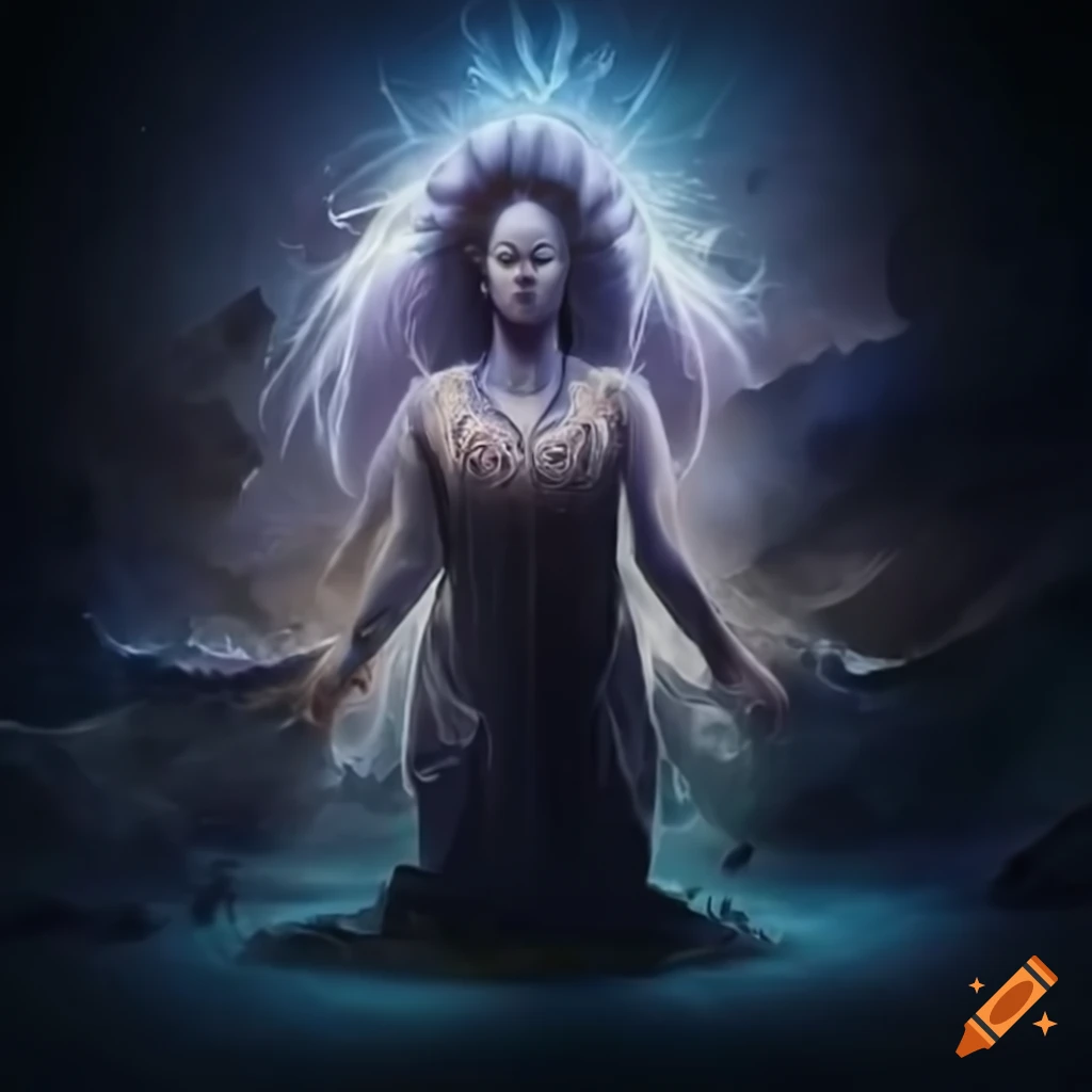 Glowing large ethereal figure, surrounded by blue light and magic on ...
