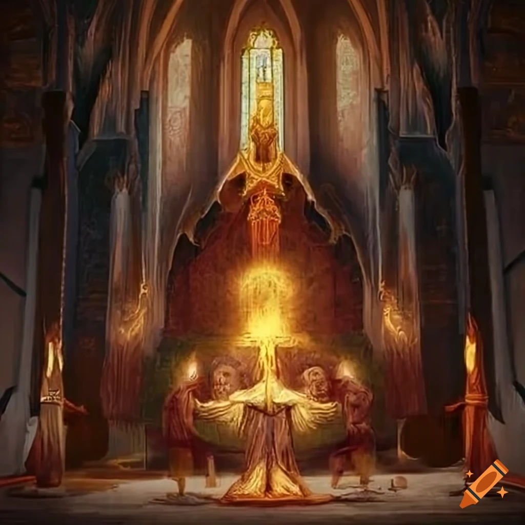 Hooded people at long tables in a dimly lit room discussing their clan ...