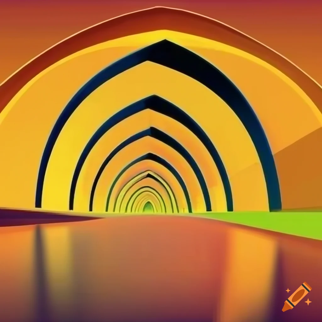 Geometric abstract art with architectural arches and steps