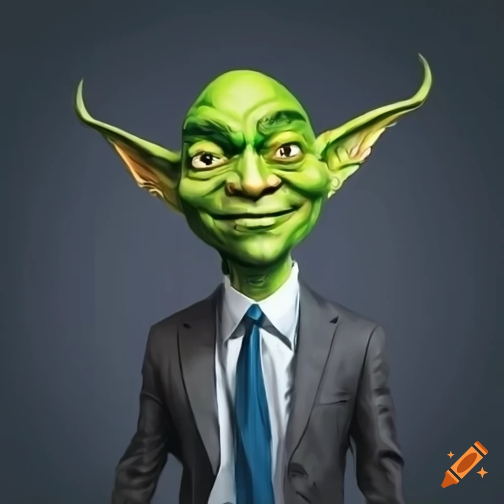 Smart goblin in suit surrounded by gold and money with stock market ...