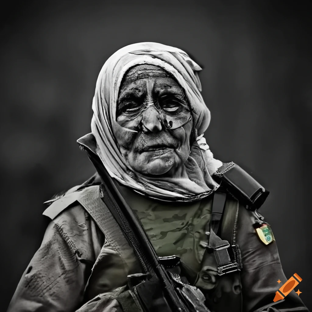 Detailed black and white portrait of a Palestinian woman in military ...