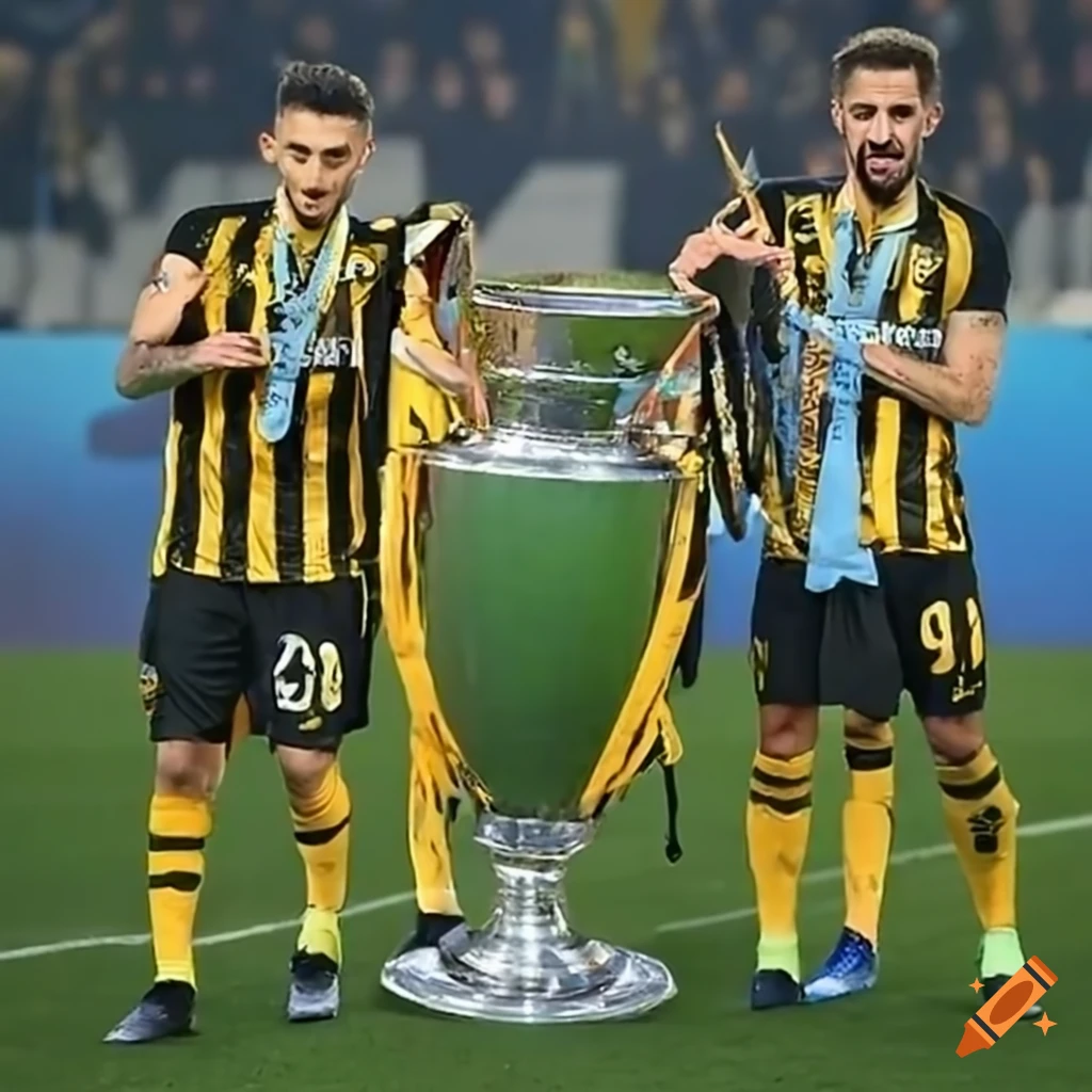Aek athens players celebrating with the champions league trophy on Craiyon