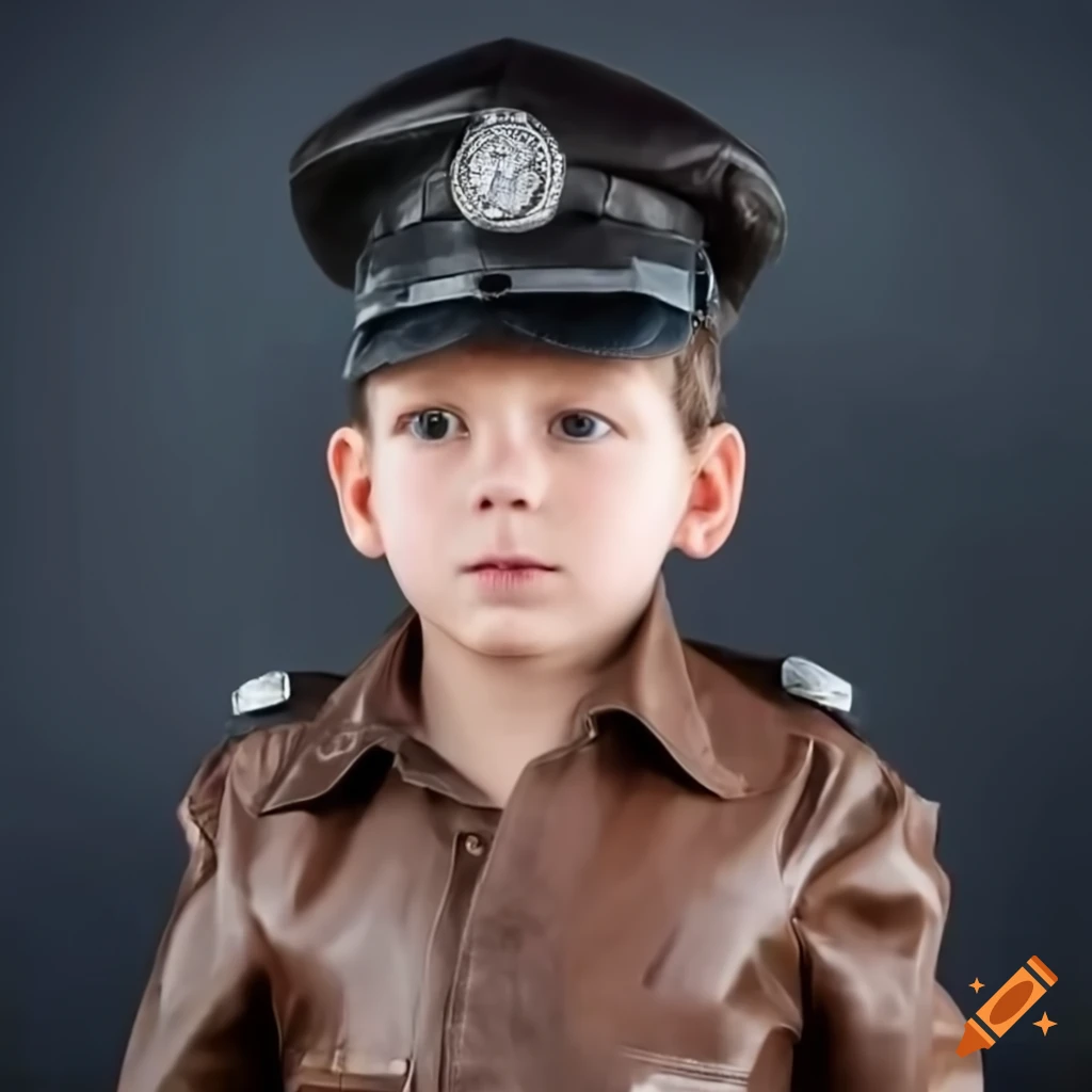 Photo realistic depiction of a young boy in a security guard uniform on ...