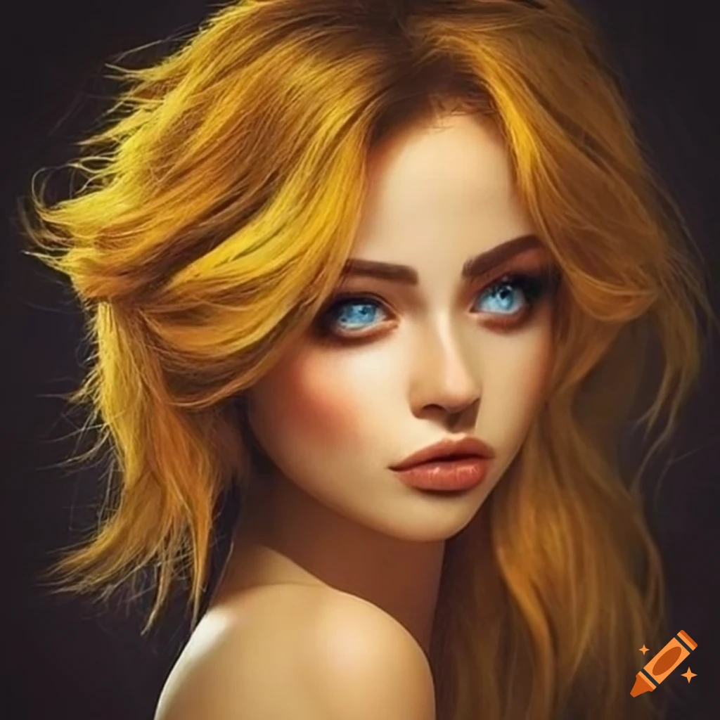 Portrait Of A Woman With Blue Eyes And Yellow Wavy Hair On Craiyon