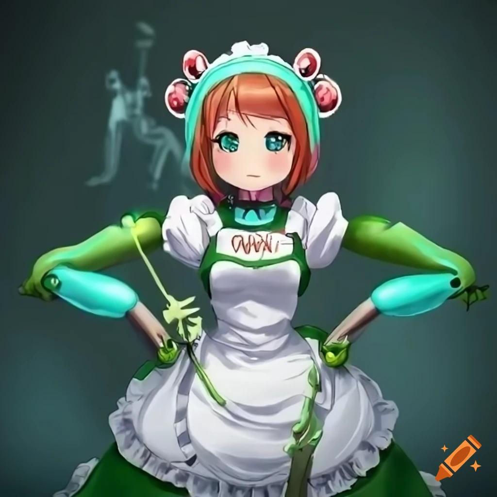Anime-style robot maid with a frog theme
