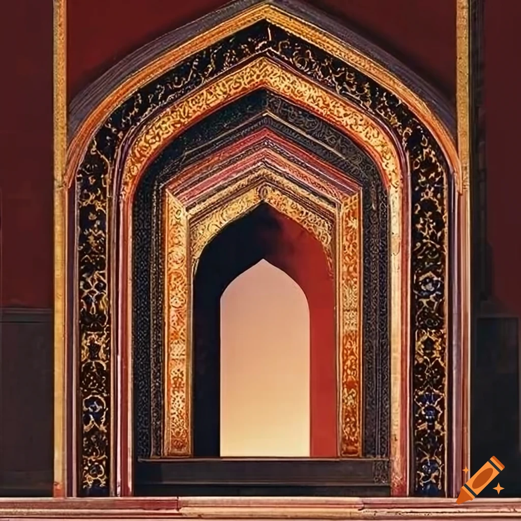 Orphism abstract geometric architectural art with red and gold arches ...