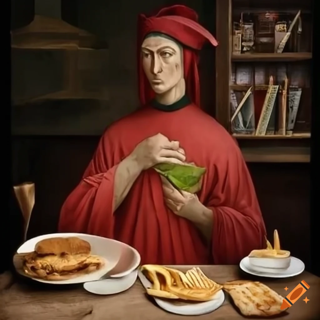 Funny illustration of dante alighieri and fast food on Craiyon
