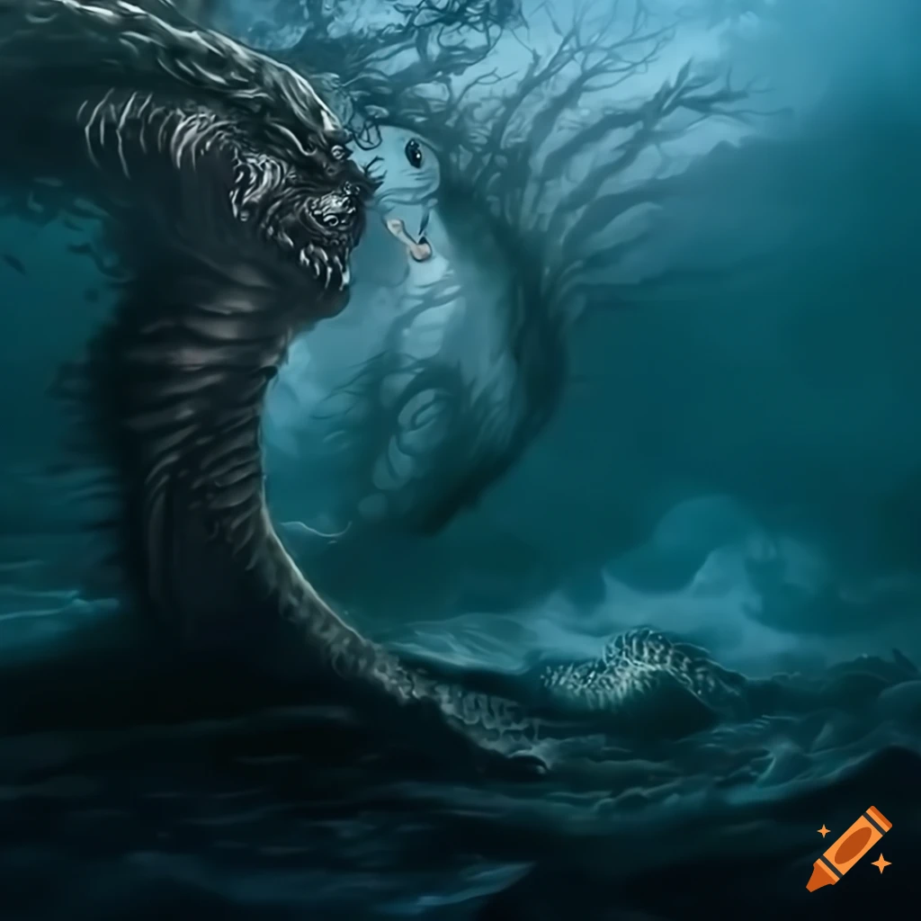 Fantastical illustration of a monster emerging from the sea on Craiyon