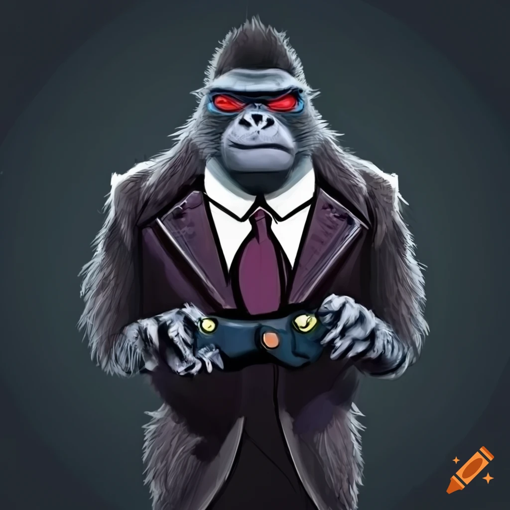 Stylish gorilla in a suit playing video games on Craiyon