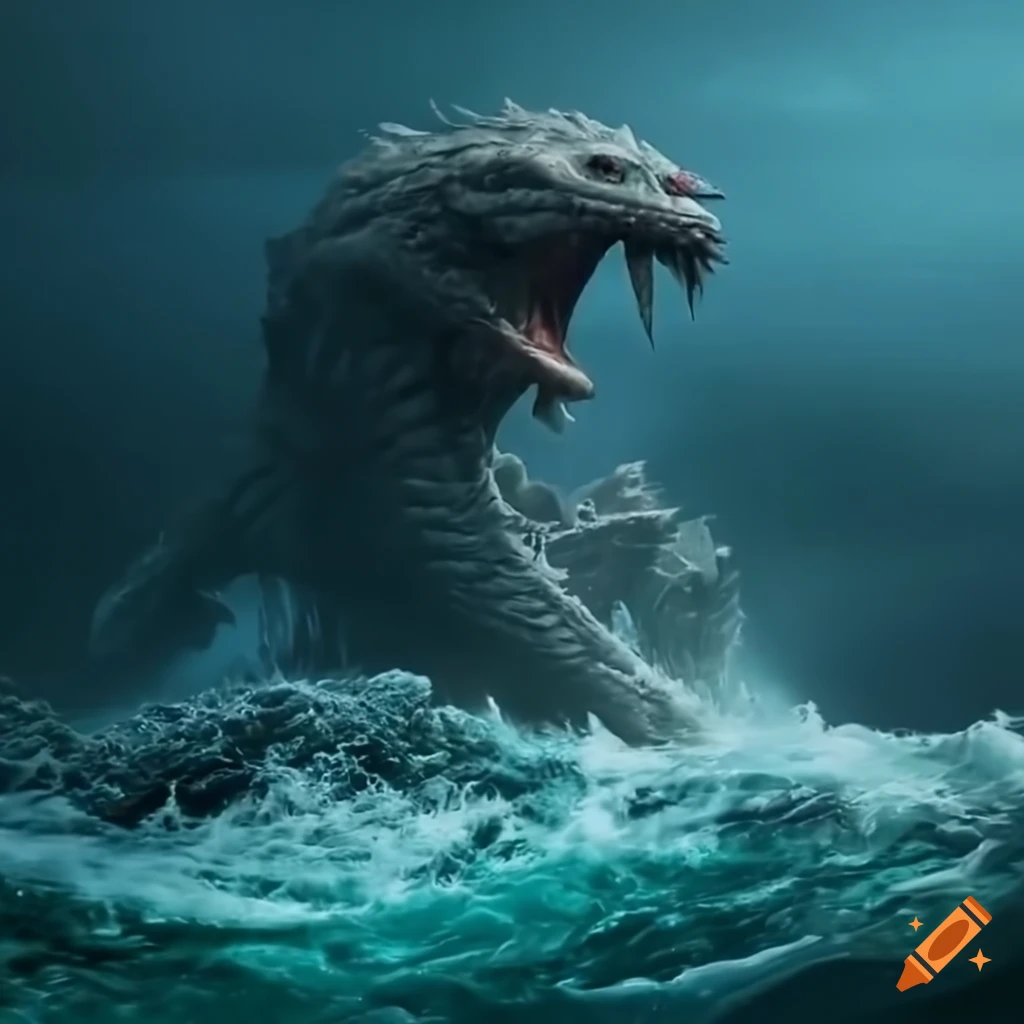 Detailed image of a monster emerging from the sea on Craiyon