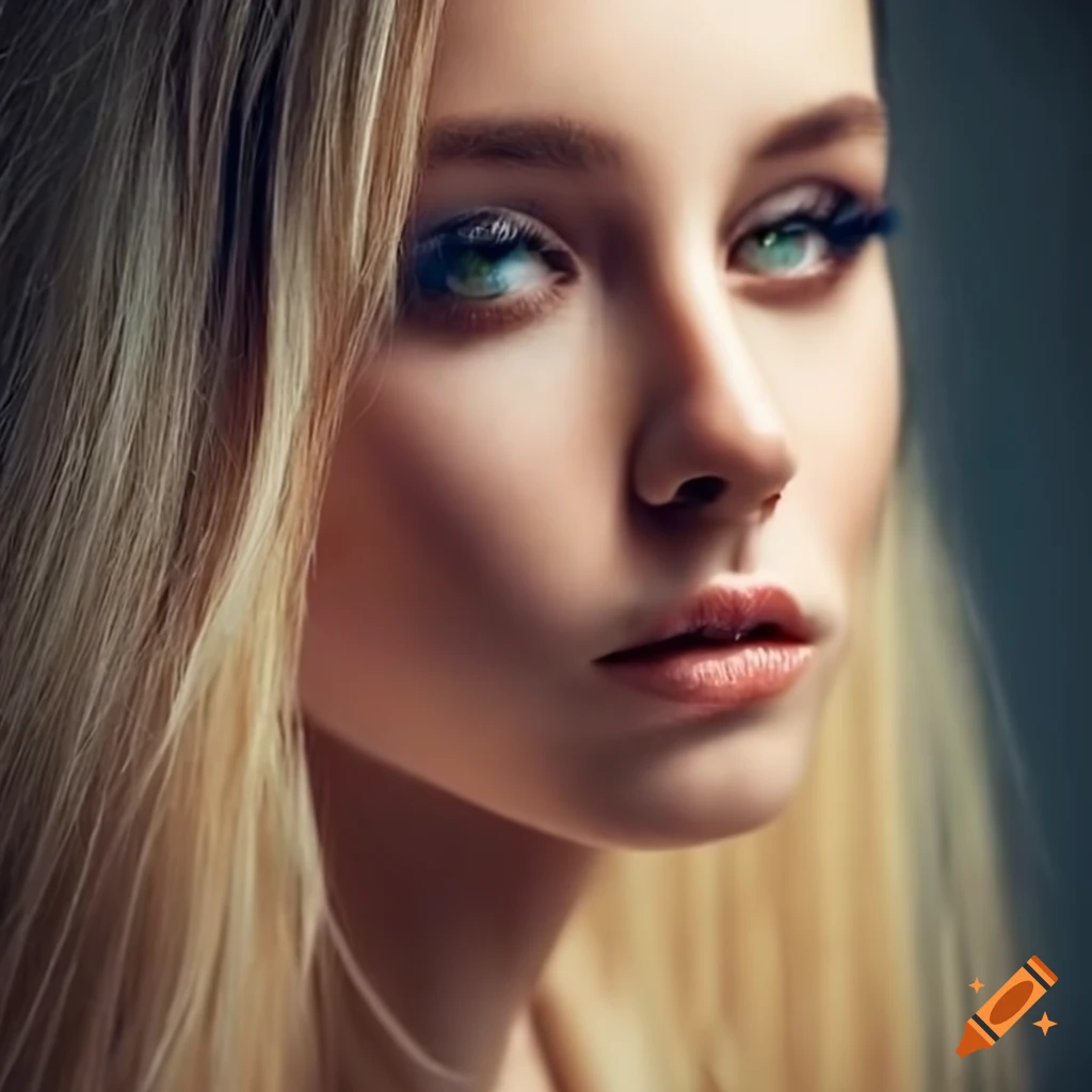 Portrait of a beautiful young woman with blonde hair and green-brown eyes on Craiyon