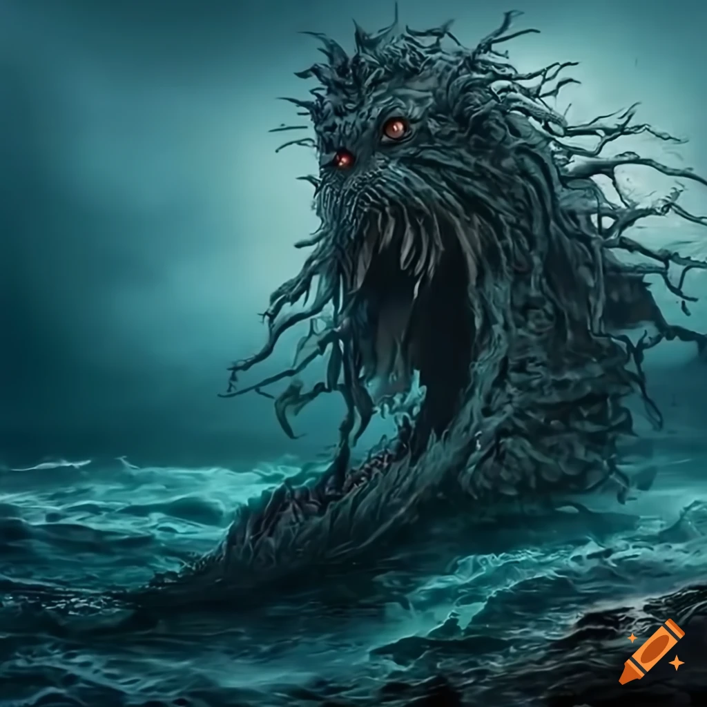 Illustration of a monster rising from the sea on Craiyon