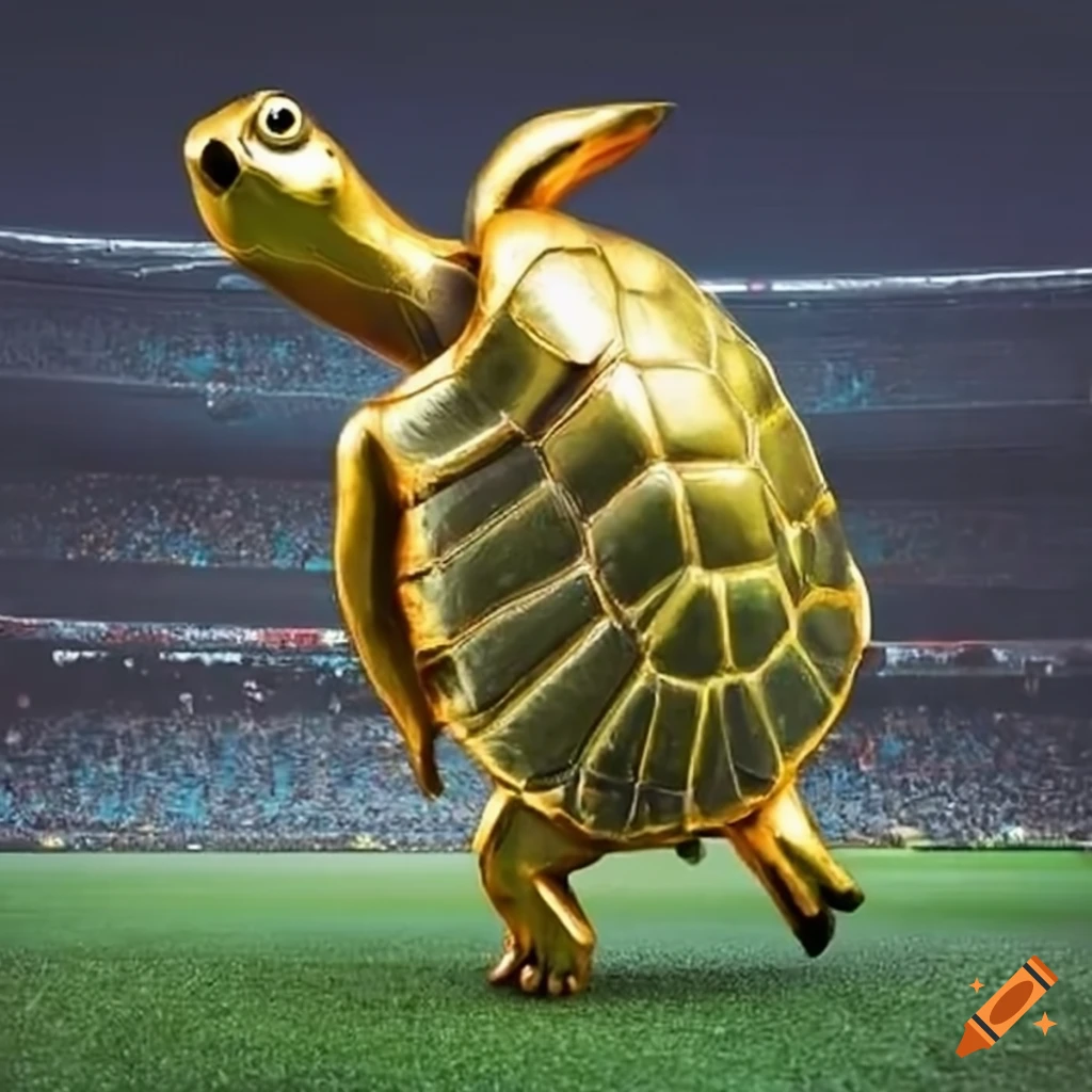 Photograph of a turtle in a soccer goal