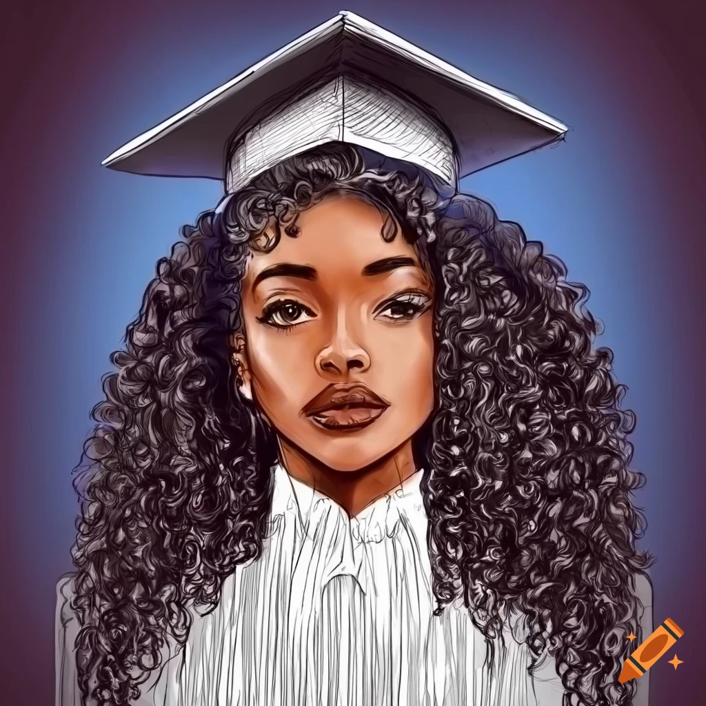 Elegant illustration of a confident black woman in graduation attire on ...