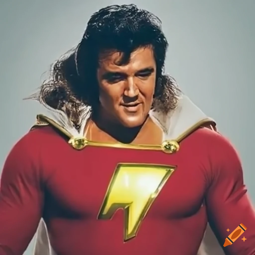 Elvis as Shazam with a mullet haircut on Craiyon