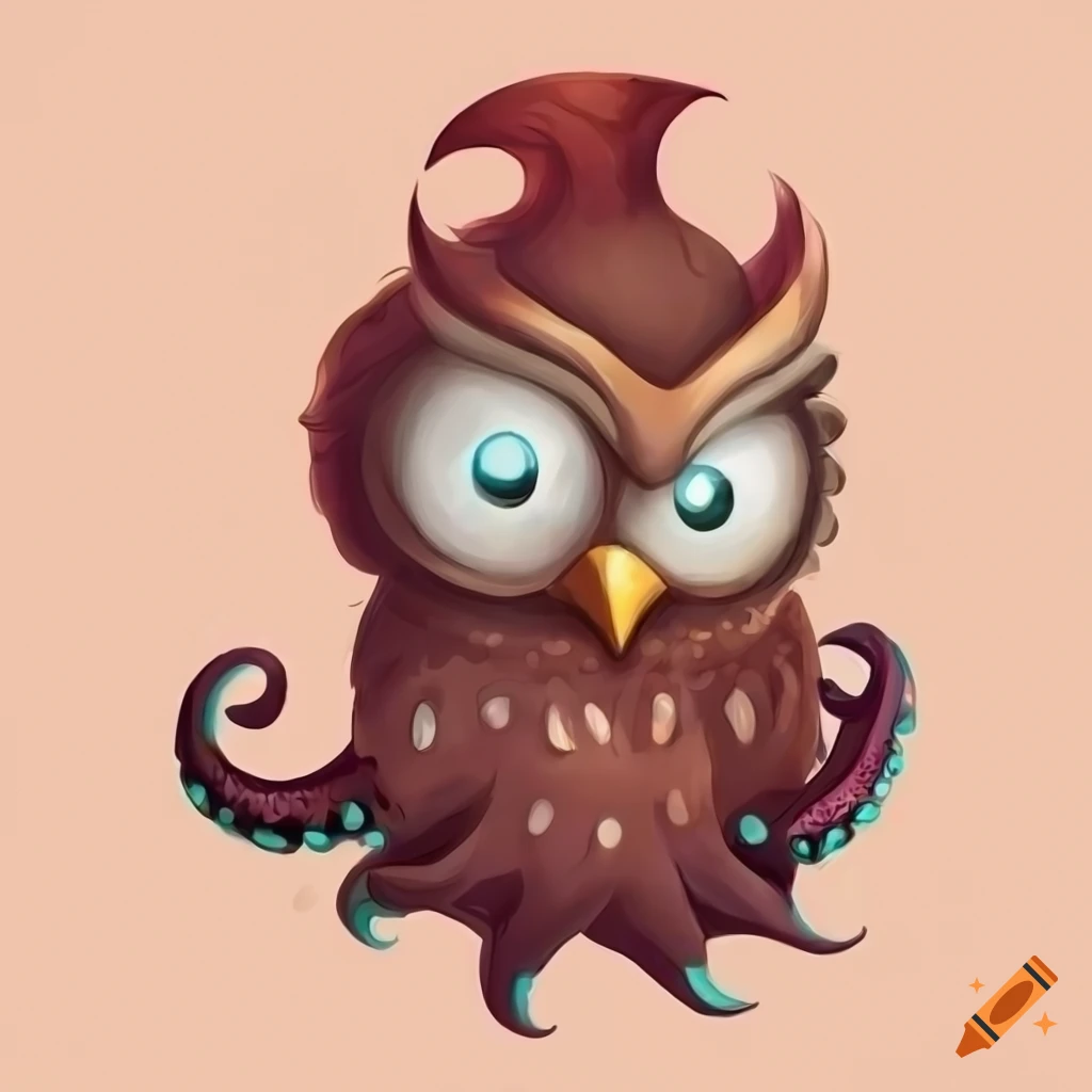 Cartoon illustration of an owl octopus hybrid on Craiyon