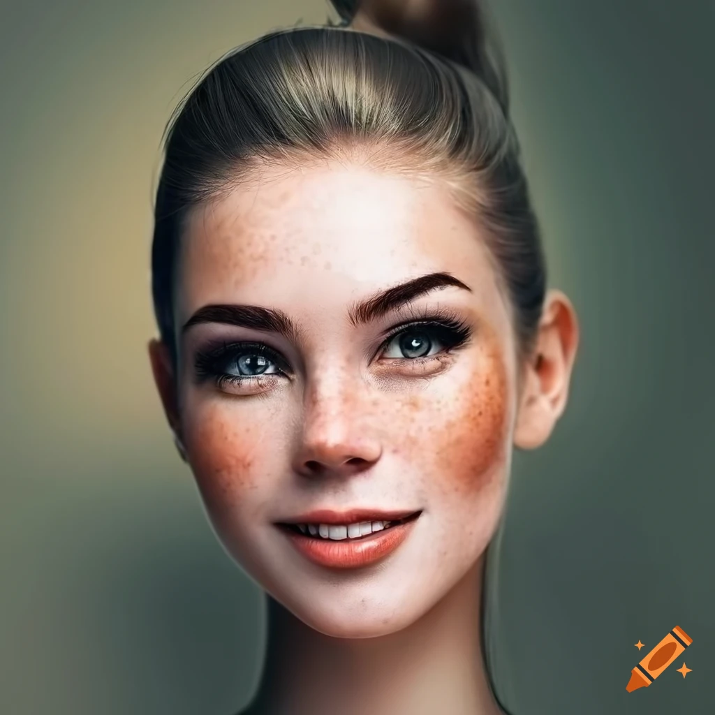 Portrait of a beautiful young woman with freckles and dark blonde hair on Craiyon