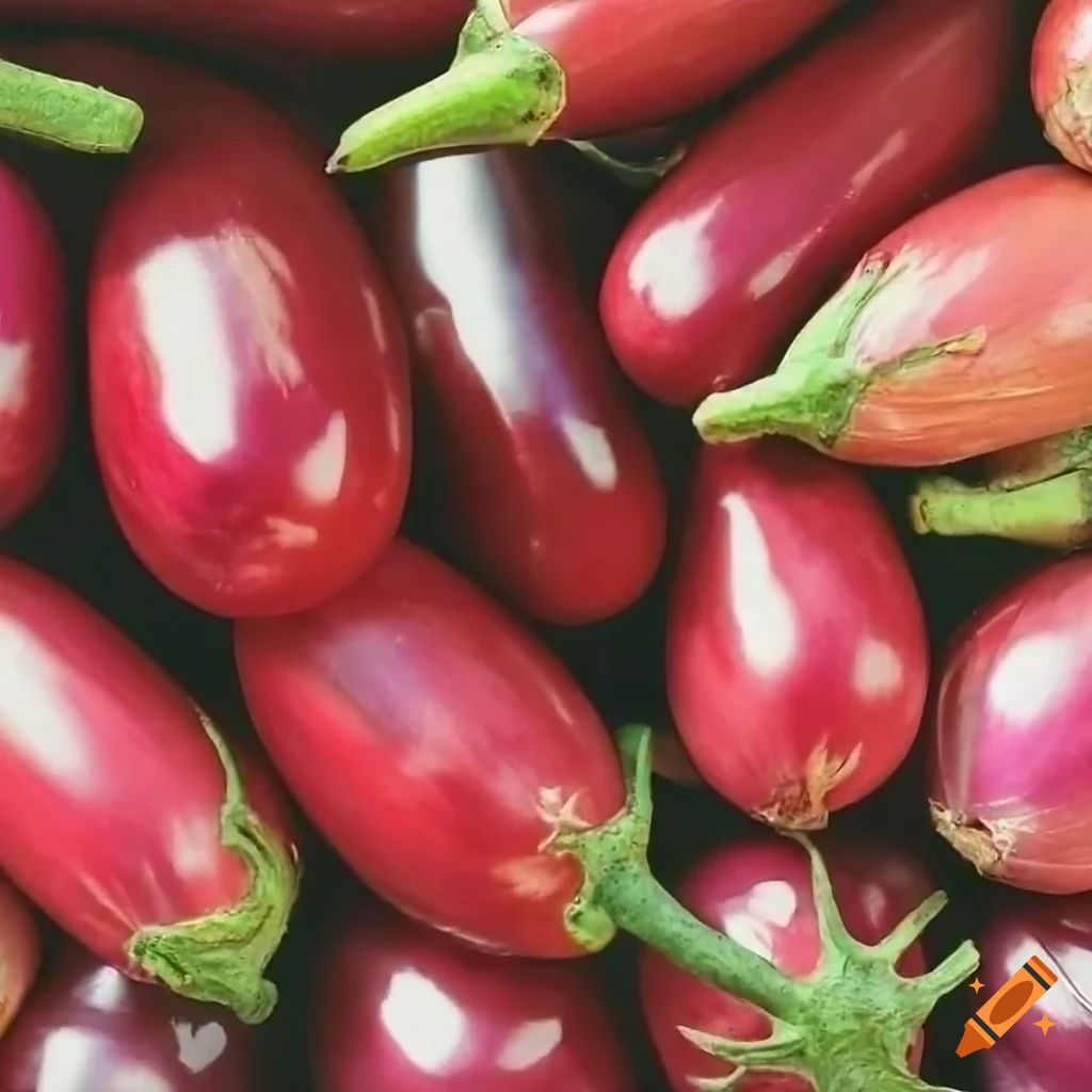 Close-up of red-skinned eggplants with pink flesh on Craiyon