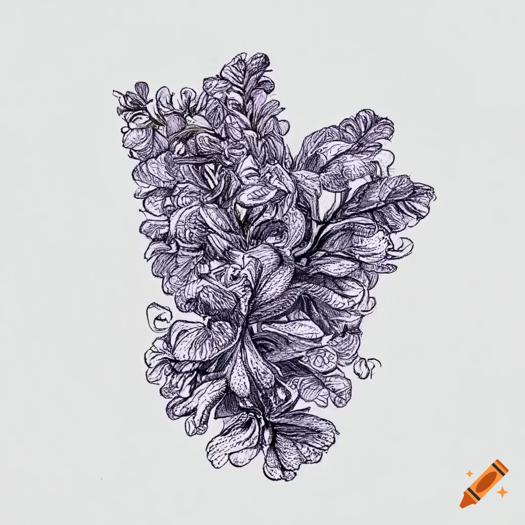 Naturalist illustration of a lilac bush, gray pencil on coffee-stained ...