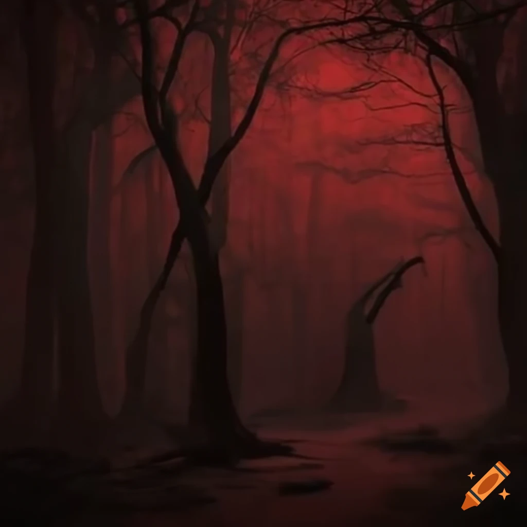 Red forest at night on Craiyon