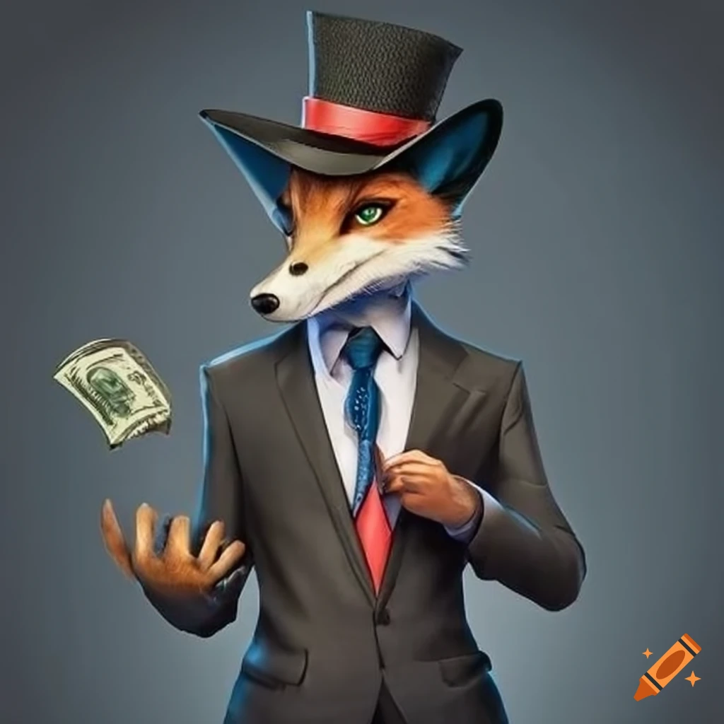Artistic depiction of a fox in a suit and hat holding money on Craiyon