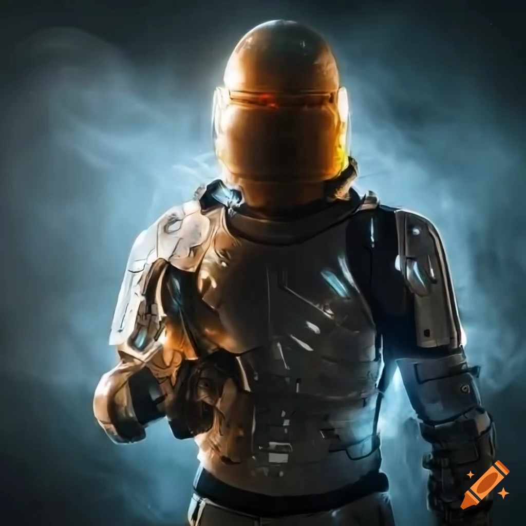 Futuristic man in white armor holding a blaster on Craiyon