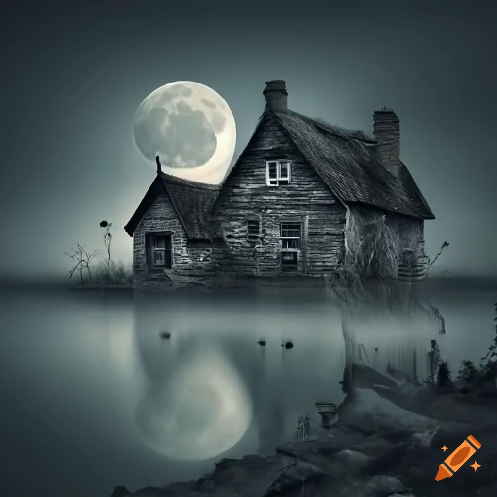 Haunted cottage under full moon on Craiyon